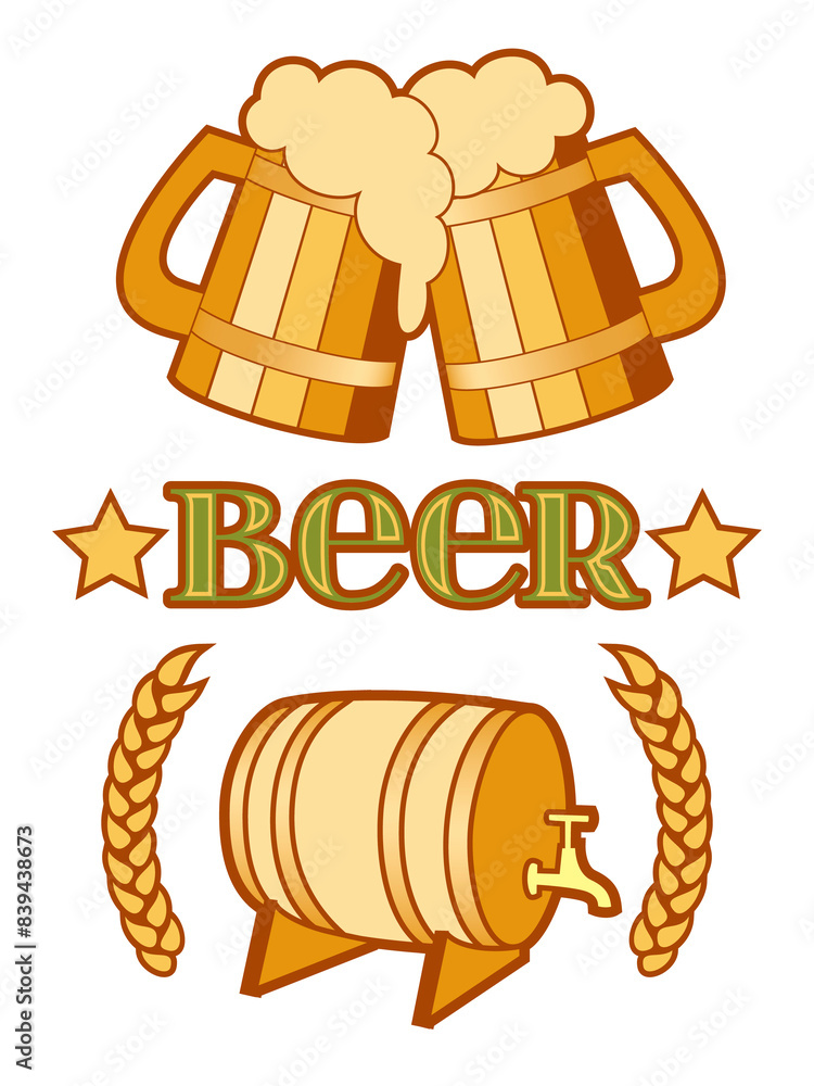 Beer symbols set with toasting beer mugs, beer wooden barrel and wheat ...