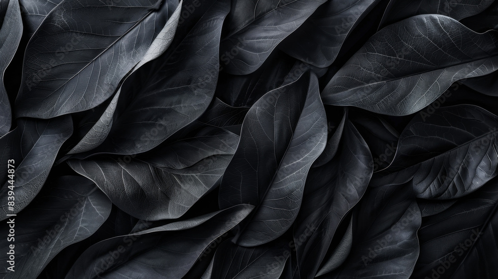 Abstract black leaf texture, dark nature background concept. Curved black leaves wallpaper for ...