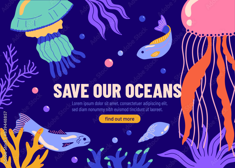 World Oceans Day design concept for web page, landing, banner template ...