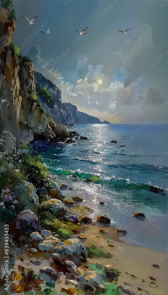 beach scene cliff seagulls flying deep toward sun rays caustics black ...