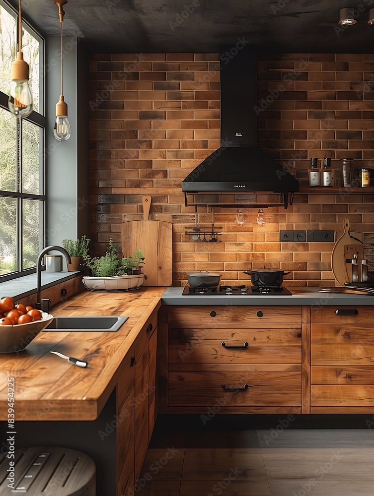 kitchen wooden counter black stove stone cladding texture natural color ...