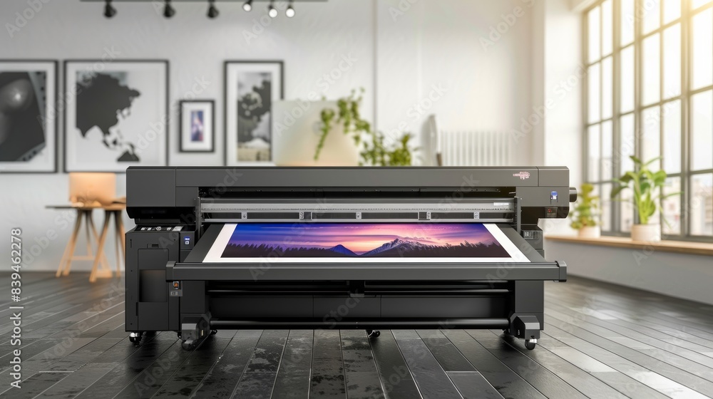 large format inkjet printer in printshop interior on wood floor ...