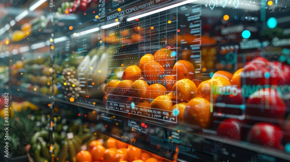 Smart grocery store with digital analytics overlay on fresh produce ...