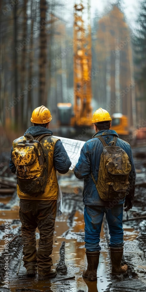 Two workers with yellow helmets and backpacks in a muddy forest ...