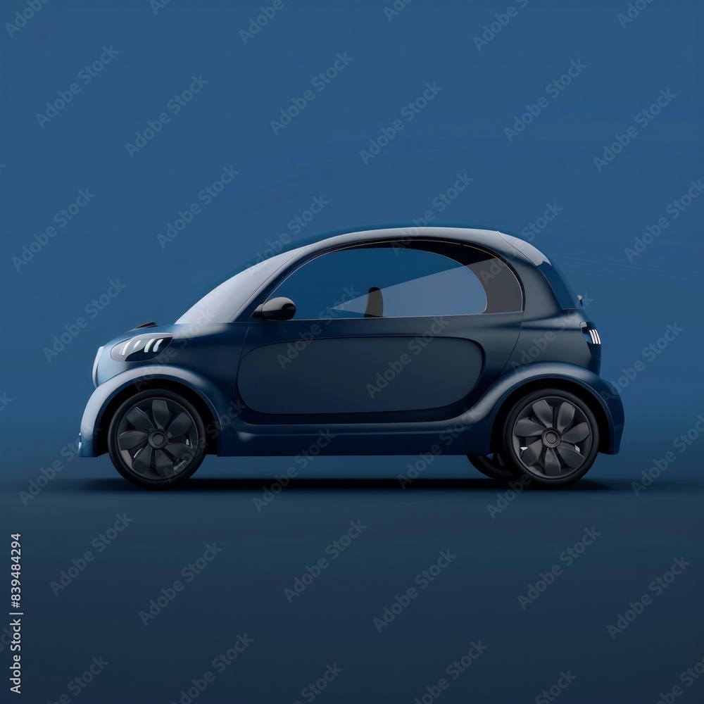 3D model of a small, bright blue car on a flat blue background. The car ...
