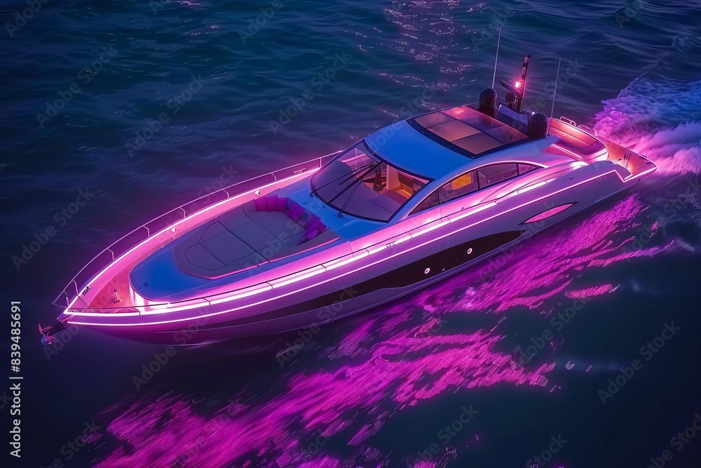 A hi-tech speedboat gleams under neon lights, set in a triangle pattern ...