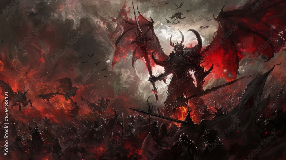 Demon lord standing in a middle of battlefield with his army Stock ...