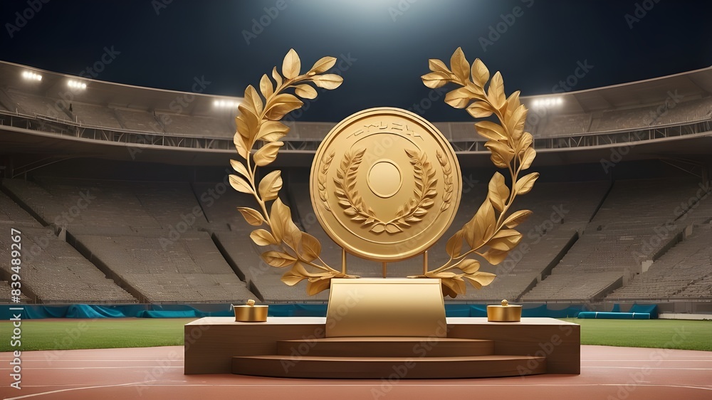 Laurel wreaths and a gold Olympic medal on a podium in an open stadium ...