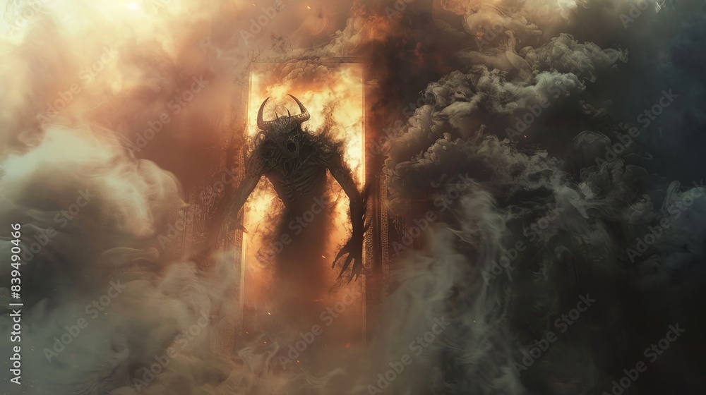 The demon emerged from the fiery depths of hell, its monstrous form ...