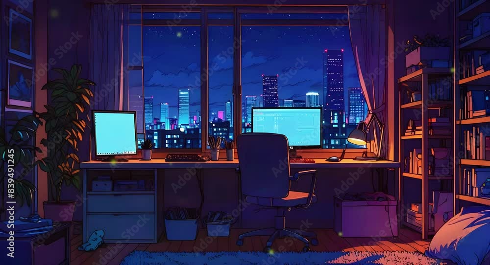 Lofi cozy room with computer at night and city view, cyan purple colors ...