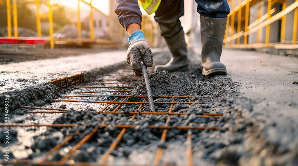 Laborer working on concrete platform at construction site, worker with ...