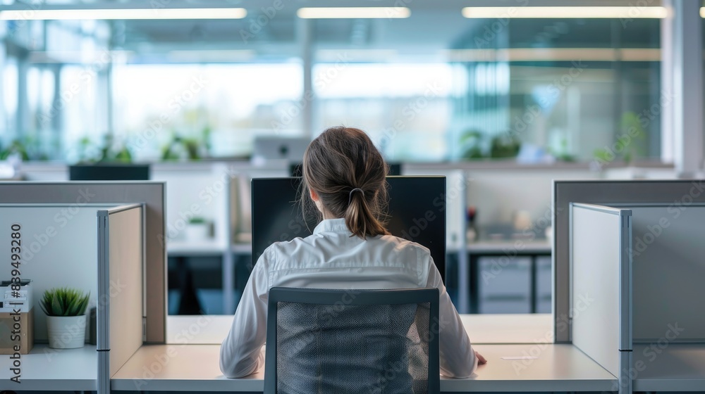 Person sitting in a modern office cubicle, with their attention fixed ...