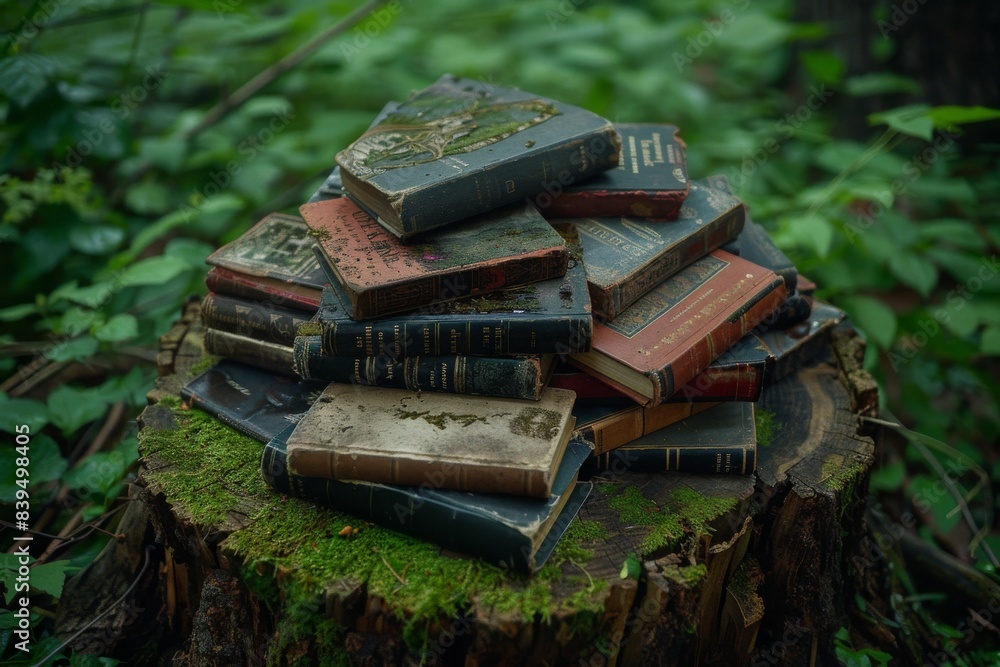 An enchanting sight of a stack of old books with worn-out covers ...