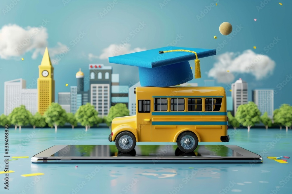 depicts a bright yellow school bus wearing a graduation cap ...