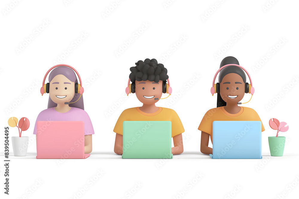 3D call center operator cartoon figures with headphones, using laptops ...