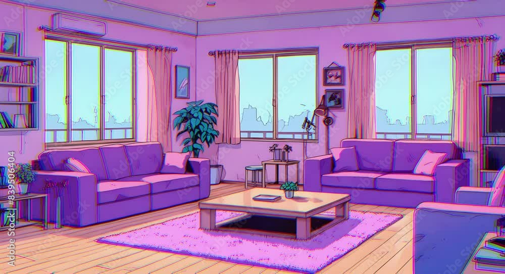 cozy lo-fi living room interior, vtuber asset twitch zoom OBS, anime ...