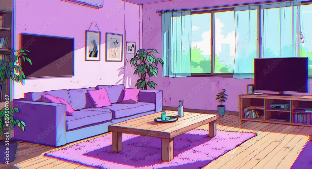 cozy lo-fi living room interior, vtuber asset twitch zoom OBS, anime ...
