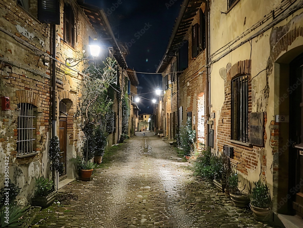 Nighttime ambiance of a deserted cobblestone street, flanked by ...