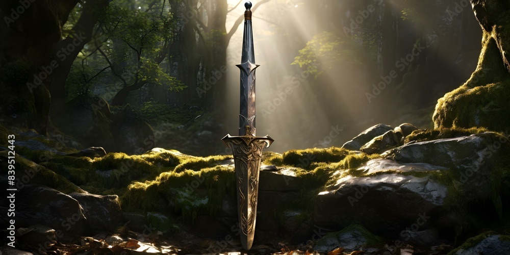 King Arthurs Excalibur sword in stone illuminated by forest sunlight a ...