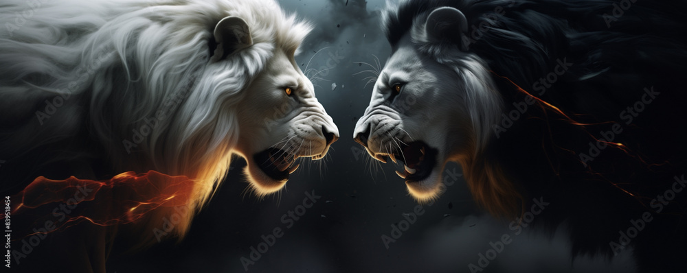 Duality versus concept art. Two lions facing each other in attack roar ...