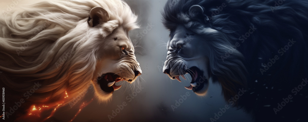 Duality versus concept art. Two lions facing each other in attack roar ...