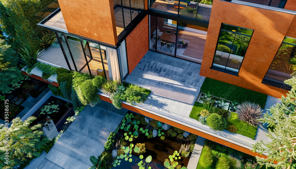 Aerial top-down view of a modern luxury suburban house with warm ...