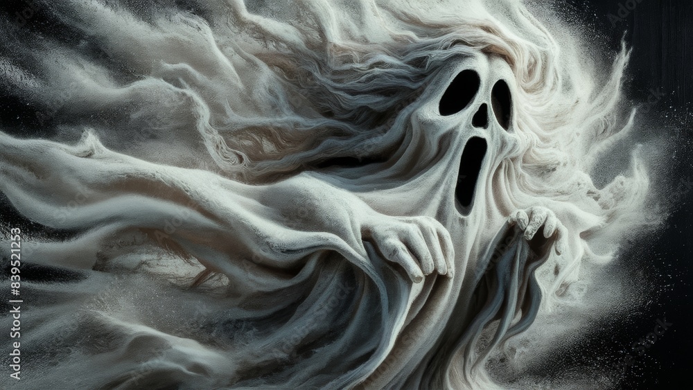 A ghostly figure made with white powder paint, creating a mesmerizing effect. The ghost seems to ...