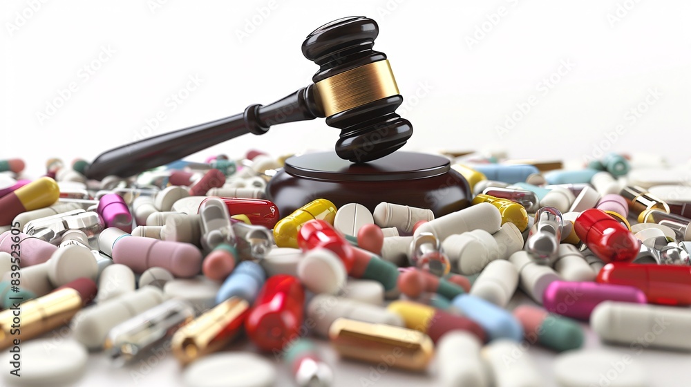 3D model of a judge's gavel on a pile of narcotics, isolated on white ...