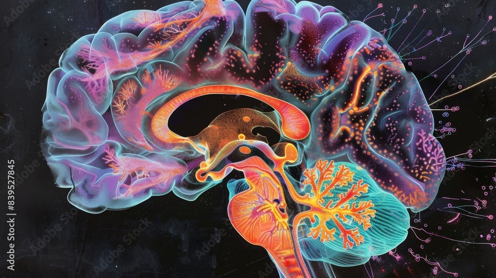 Horizontal section of the brain depicting the distribution of ...