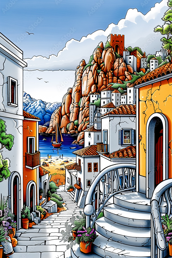 Colorful cartoon illustration of a small town. The sky, sea ...
