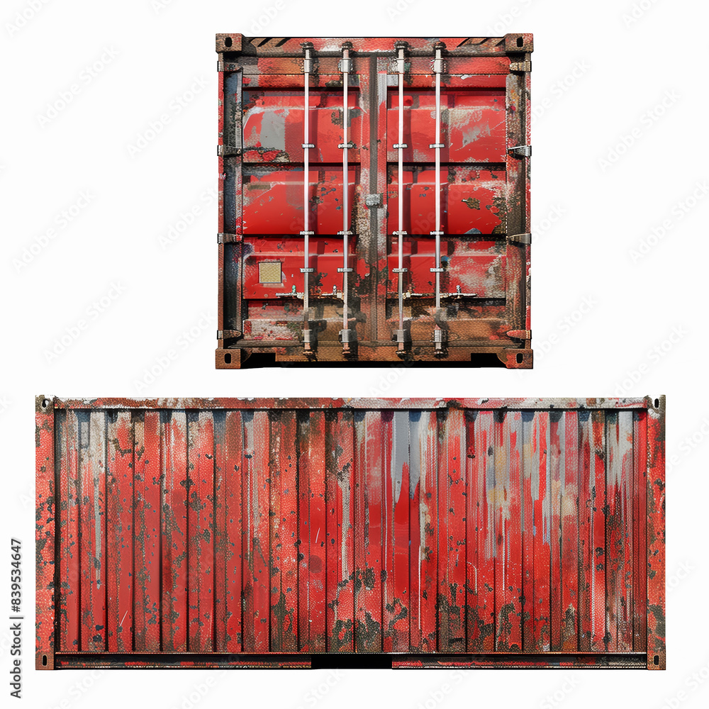 Front and side view of a red shipping container with signs of wear ...