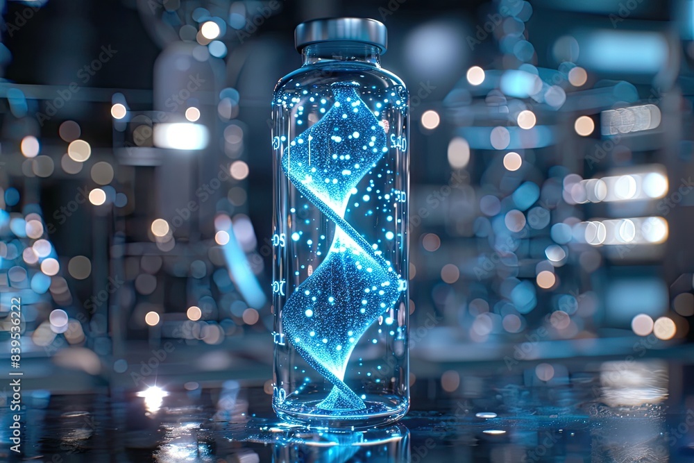 Futuristic vial containing a glowing, abstract DNA helix. Science and ...