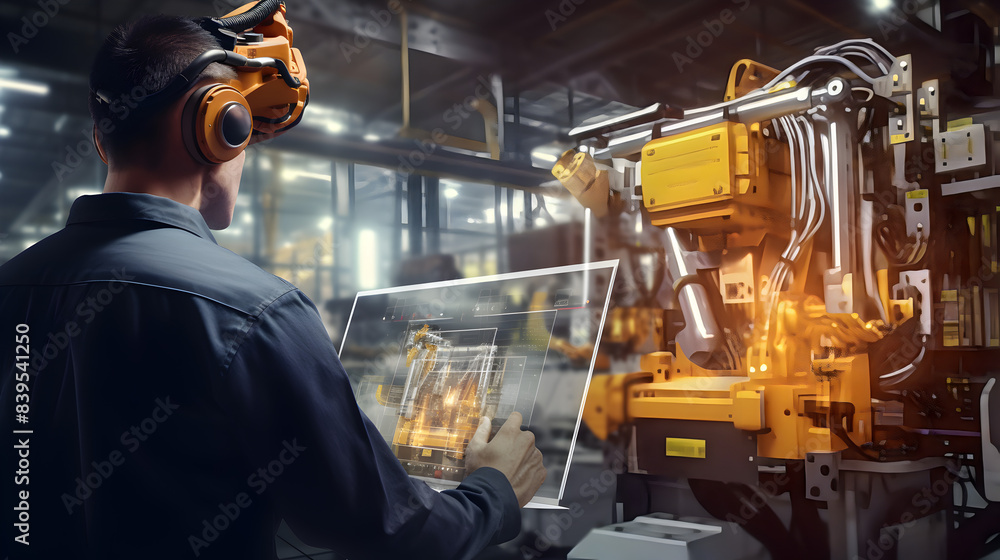 Engineer Interacting with Virtual 3D Factory Model Using VR.Robot Arm ...