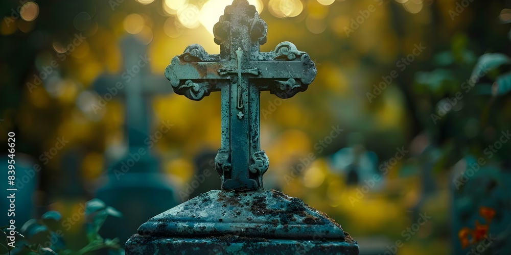 Photograph of Catholic cemetery grave marker cross against softly ...