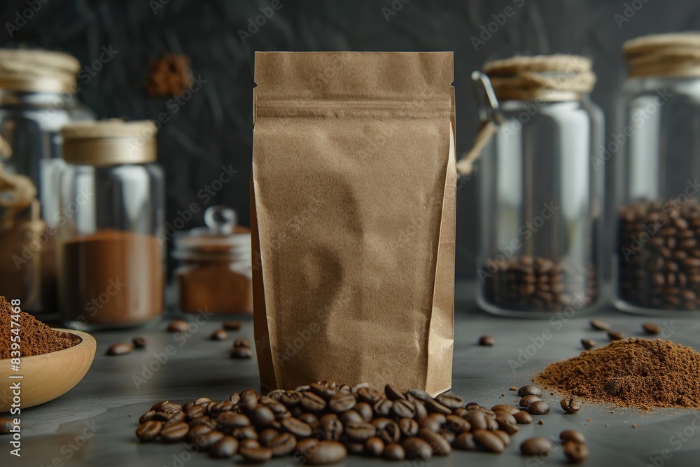 Coffee paper bag with coffee beans heap on blurred coffee shop ...