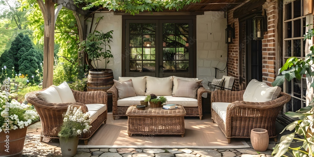 Country cottage style patio decor with outdoor lounge furniture in a ...