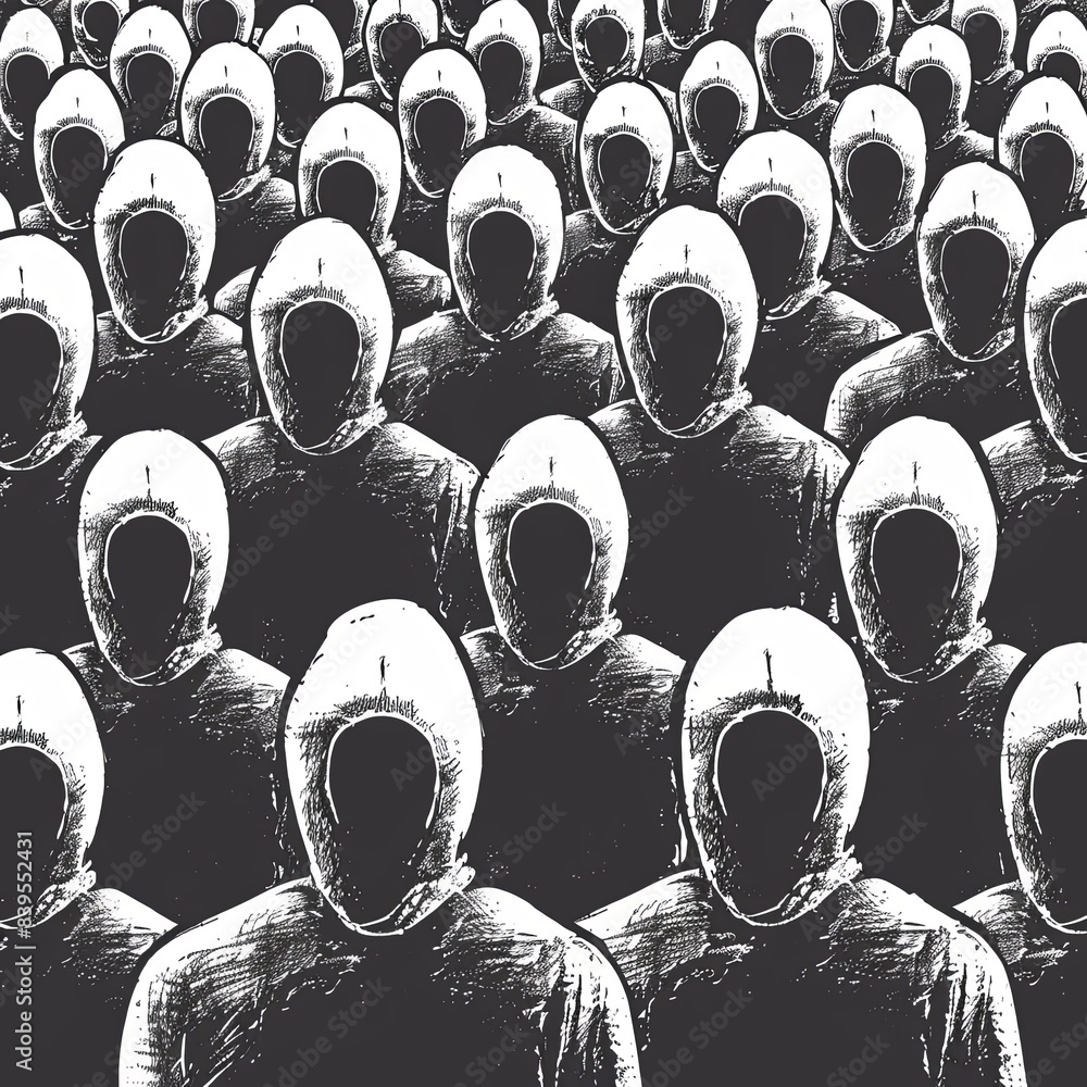 The black and white drawing depicts a crowd of people and we see many ...