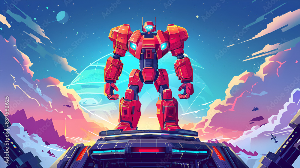 Red robot transformer standing on spaceship top Stock Illustration ...