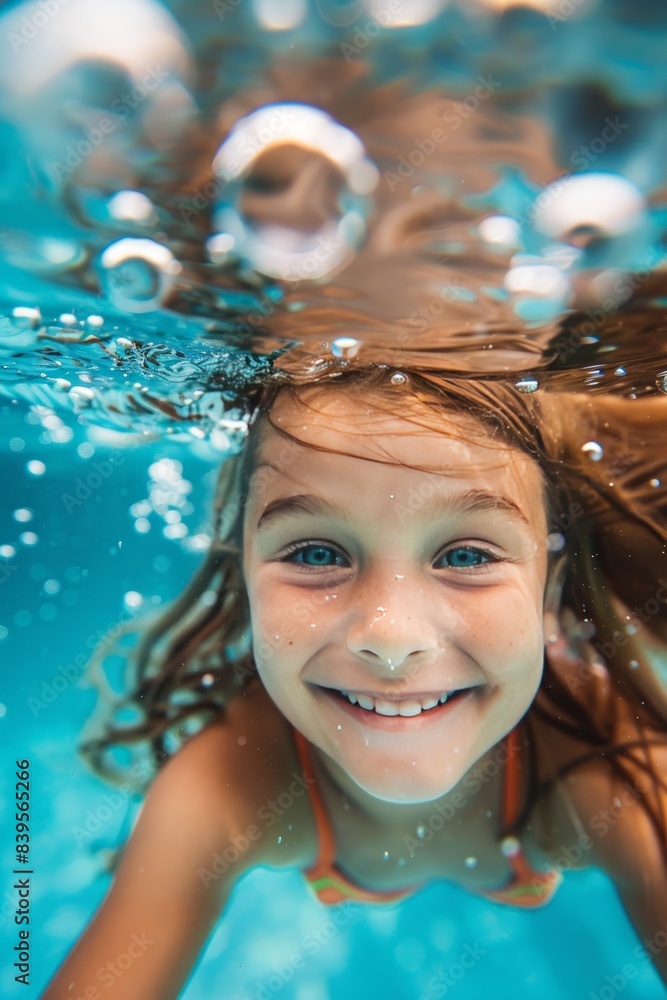 Ultra-sharp photo capturing a happy girl swimming and diving underwater ...