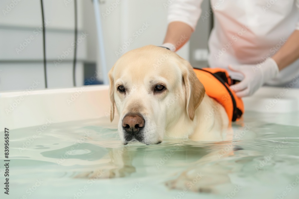 Veterinarian is helping a labrador retriever with its rehabilitation in ...