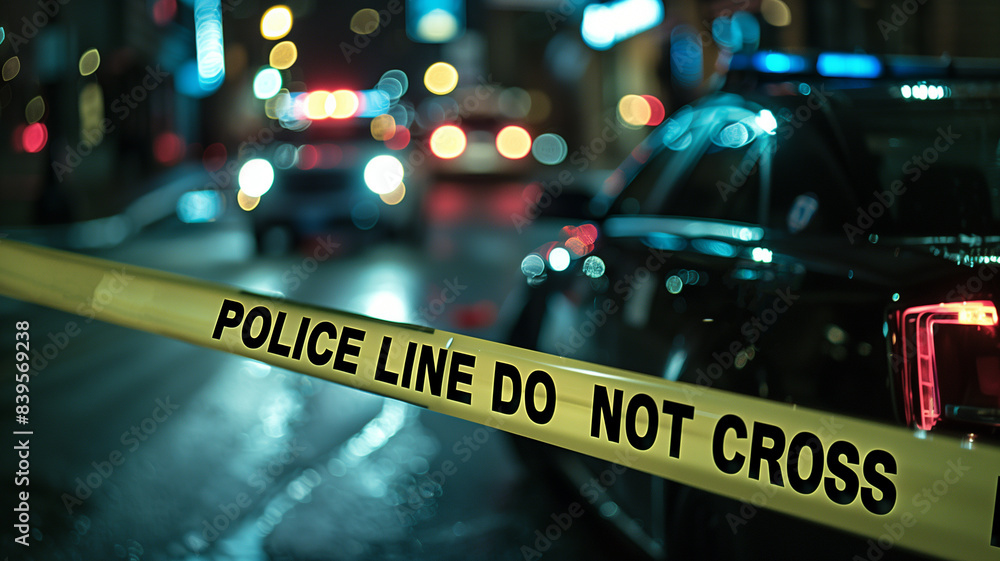 Crime scene concept. Police line do not cross yellow tape with police ...