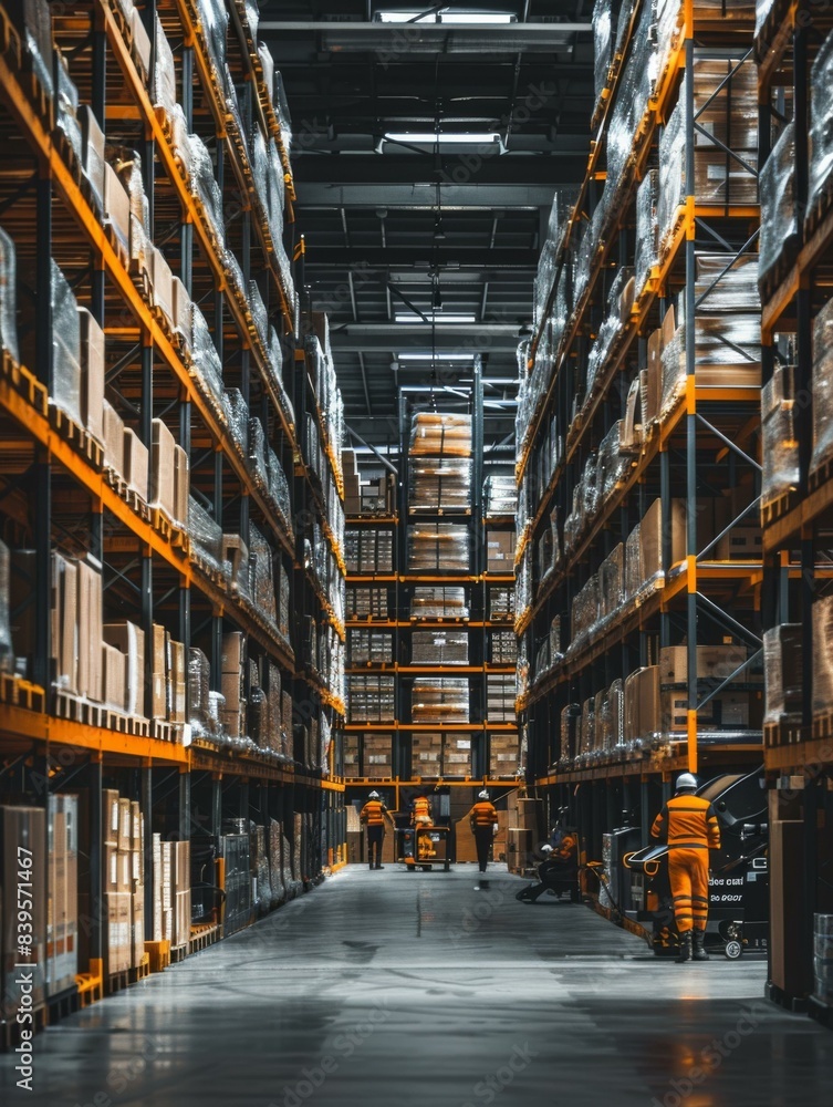Inside a modern industrial warehouse, workers in hard hats and safety ...