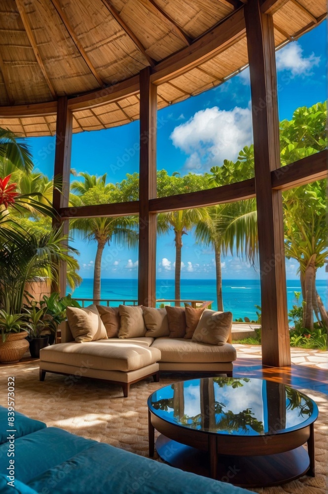 Modern house with huge glass windows overlooking the ocean. AI. Stock ...