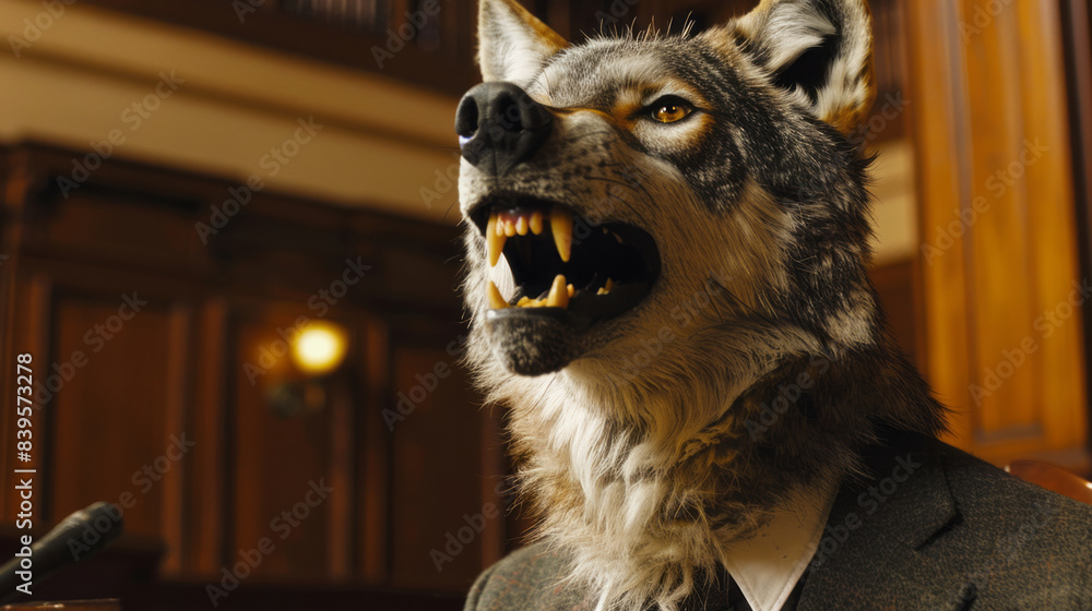 Wolf in sheep's clothing. A fierce wolf in a suit, baring its teeth in ...