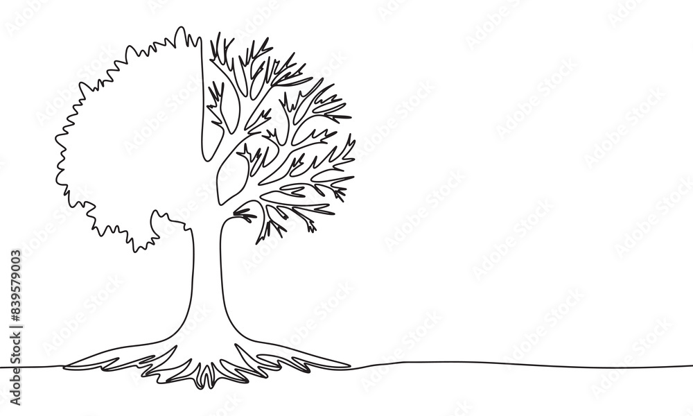 Green tree and dry one line continuous. Half tree with leave and half ...