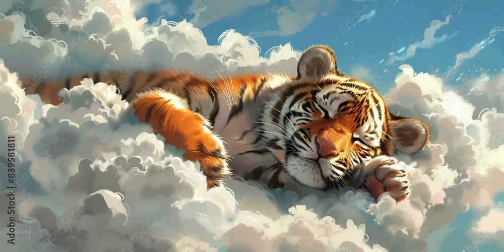 An illustrated tiger is peacefully sleeping on a fluffy cloud in the ...
