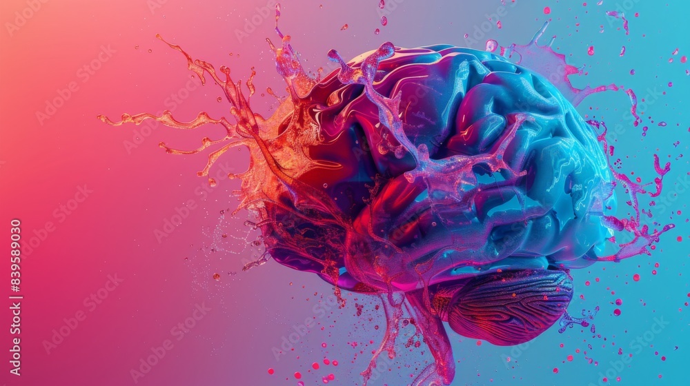Artistic representation of a human brain with dynamic liquid splash in ...