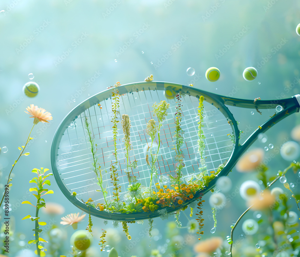 tennis racket with green plants growing on it, accompanied by tennis ...