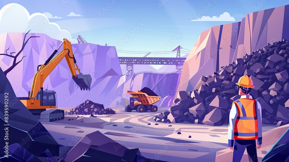 The landscape of a quarry where coal is mined with excavators and ...