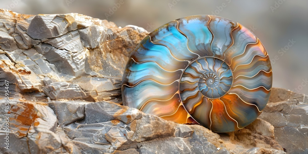 Fossilized ammonite sea shell in rock displaying iridescent surface ...
